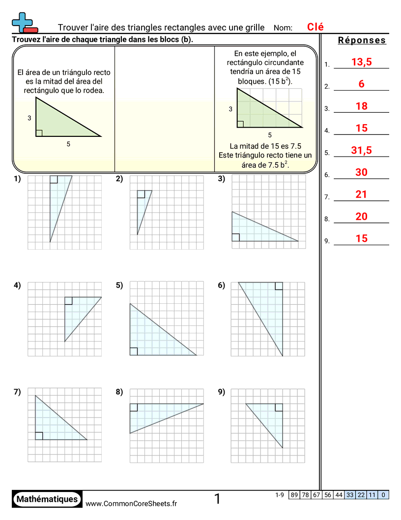 6th Grade Fiches d'Exercices sur le Calcul d'Aire & Périmètre
